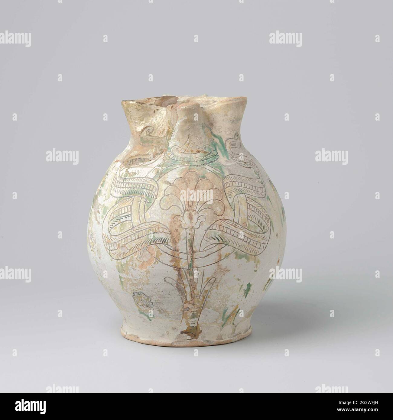 Can, spherical with clover leaf-shaped mouth. Spherical can of lead ...