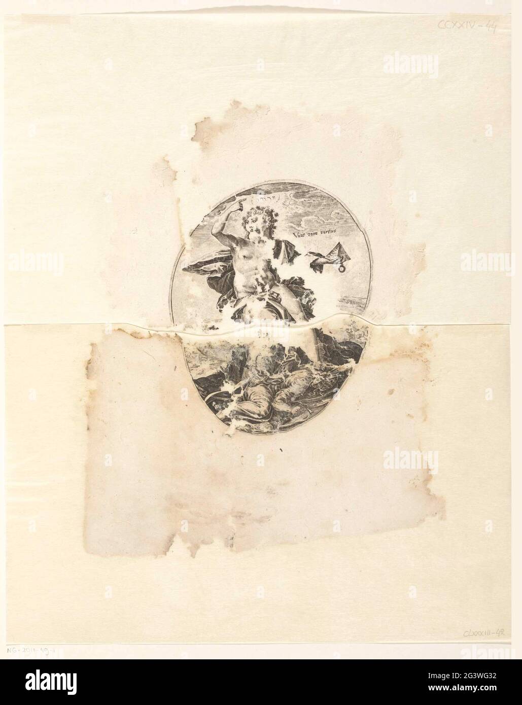 Virtue overcomes the war. Allegory of a virtue with star wreath sitting ...