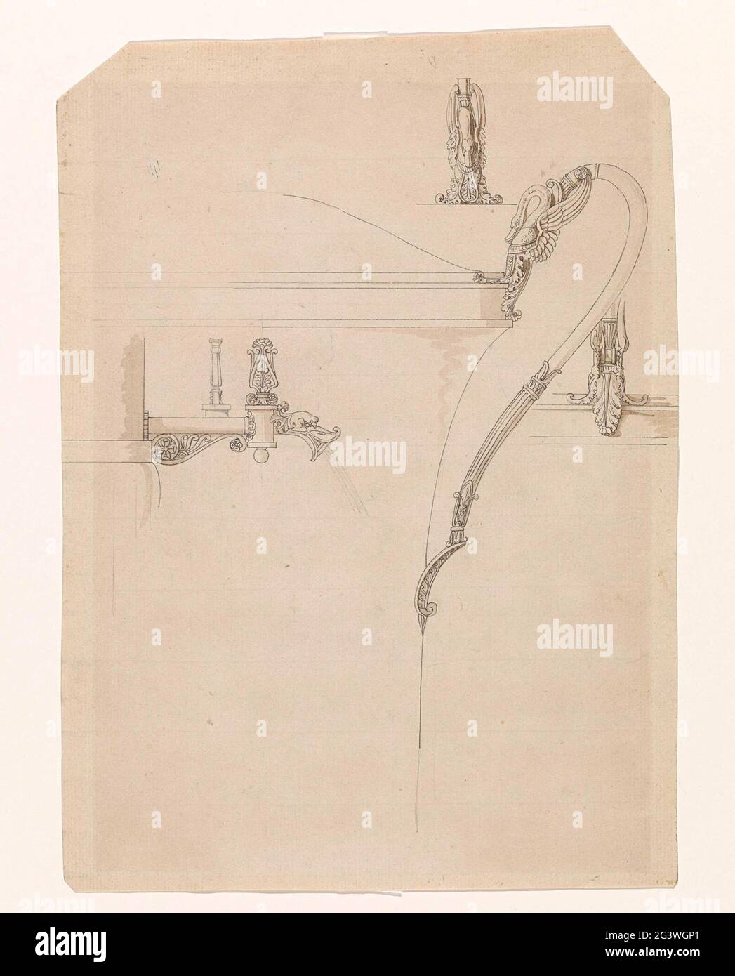 Design for a carrier awarded by a swan. With details of the front and ...