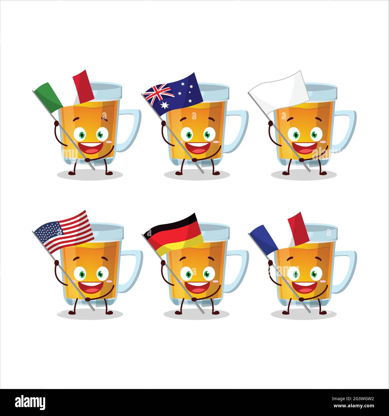 Glass of tea cartoon character bring the flags of various countries ...
