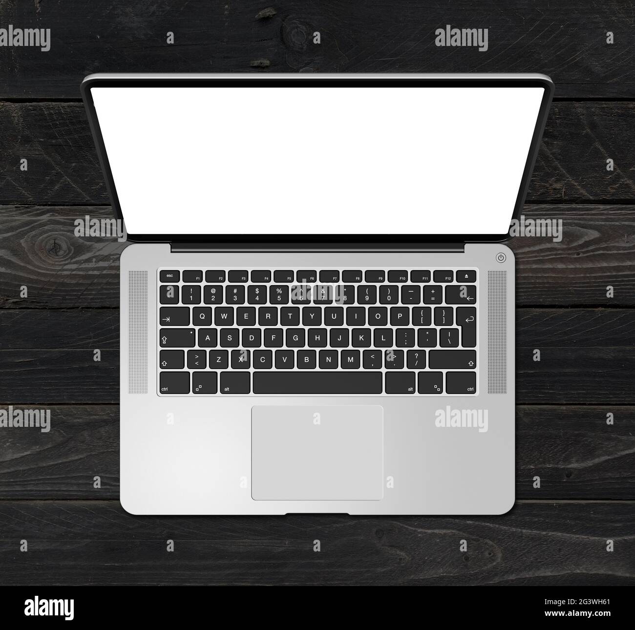 Open laptop top view with blank screen, isolated on black wood ...