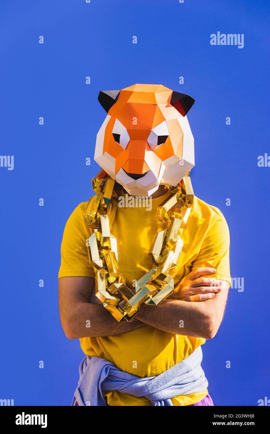 Cool man wearing 3d origami mask with stylish colored clothes ...
