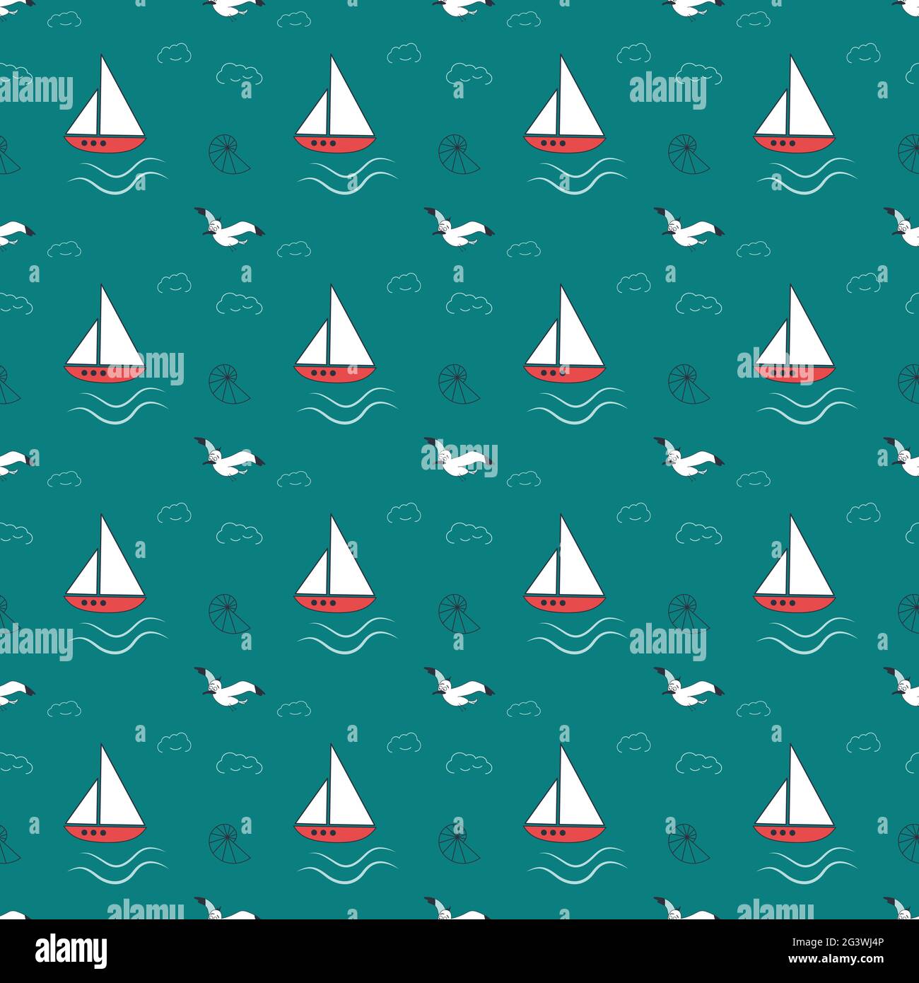 Summer marine pattern with ships, waves and seagulls on a blue ...