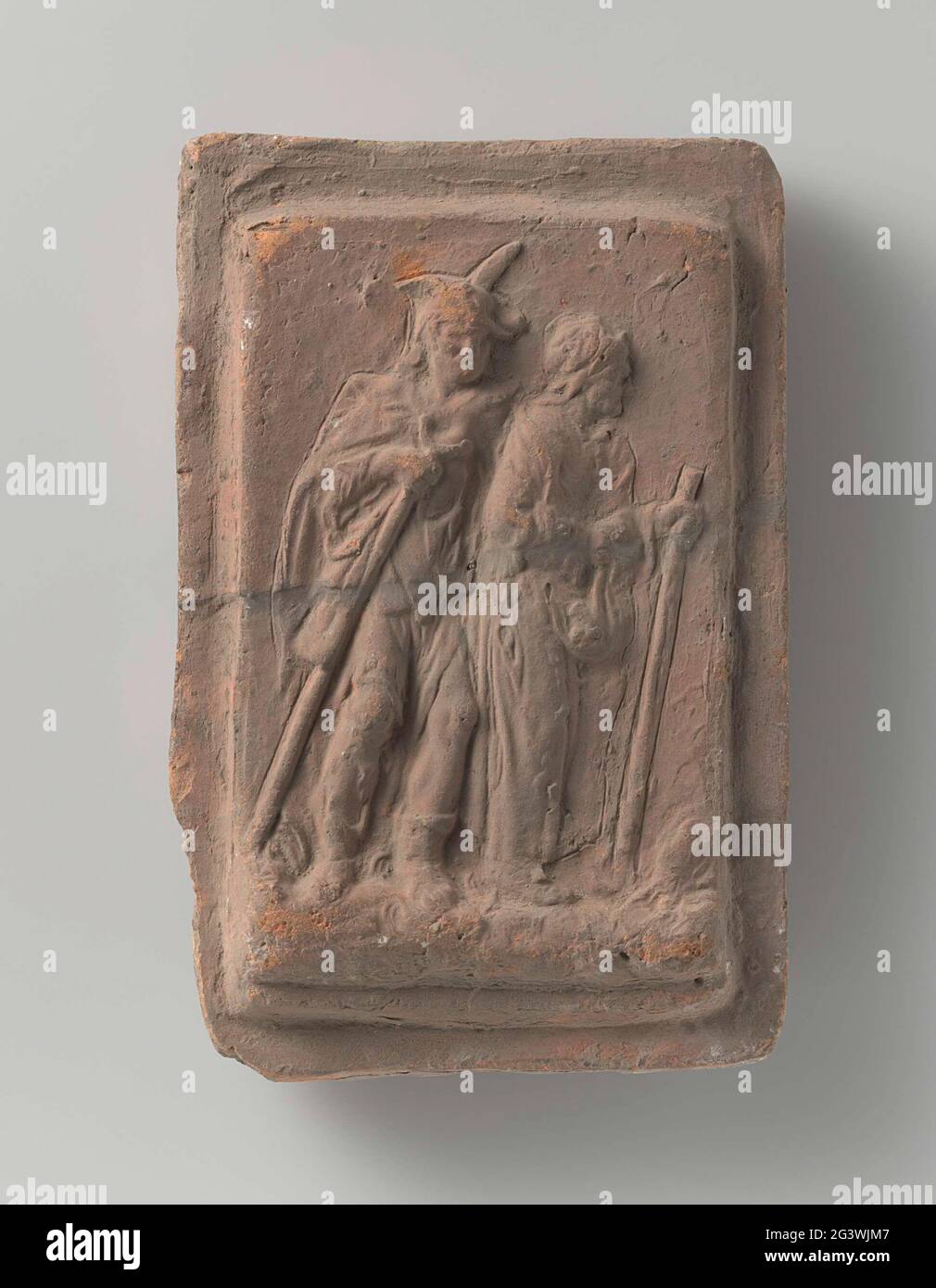 Tile with representation of two beggars. Flat tile on which in embossed ...
