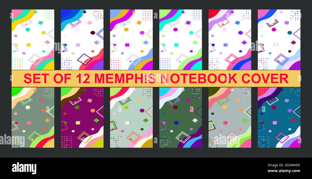 Set of 12 colourful memphis notebook cover. Header design for flyer ...