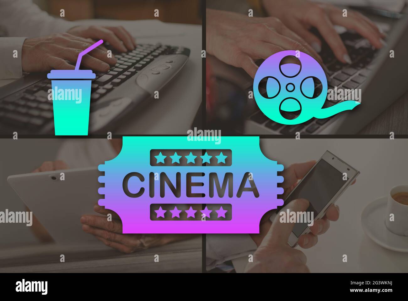 Cinema concept illustrated by pictures on background Stock Photo - Alamy