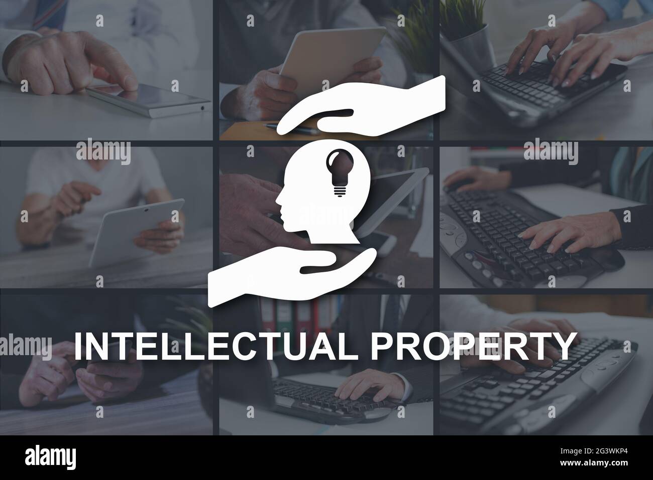 Intellectual property concept illustrated by pictures on background ...