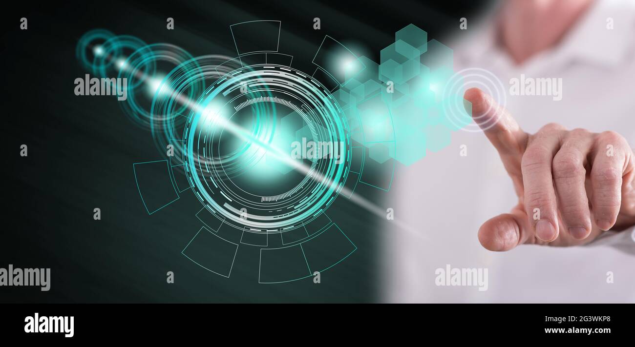 Man touching a technology concept on a touch screen with his finger ...