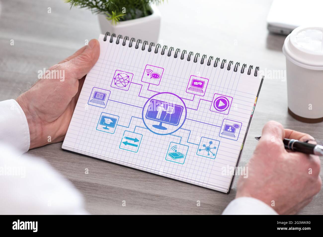 Hand holding a notepad with online school concept Stock Photo - Alamy