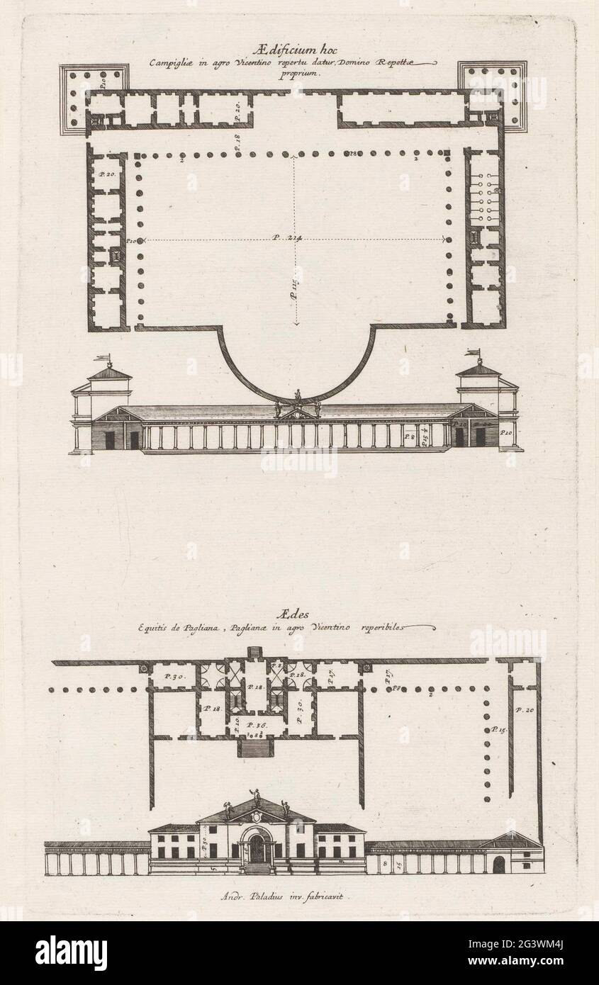 Floor plans and façades of two villas designed by Andrea Palladio ...