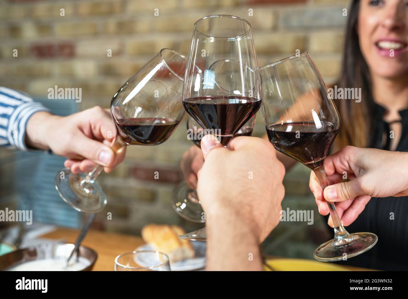 Celebration. Group of friends holding The Glasses Of Wine Making A ...