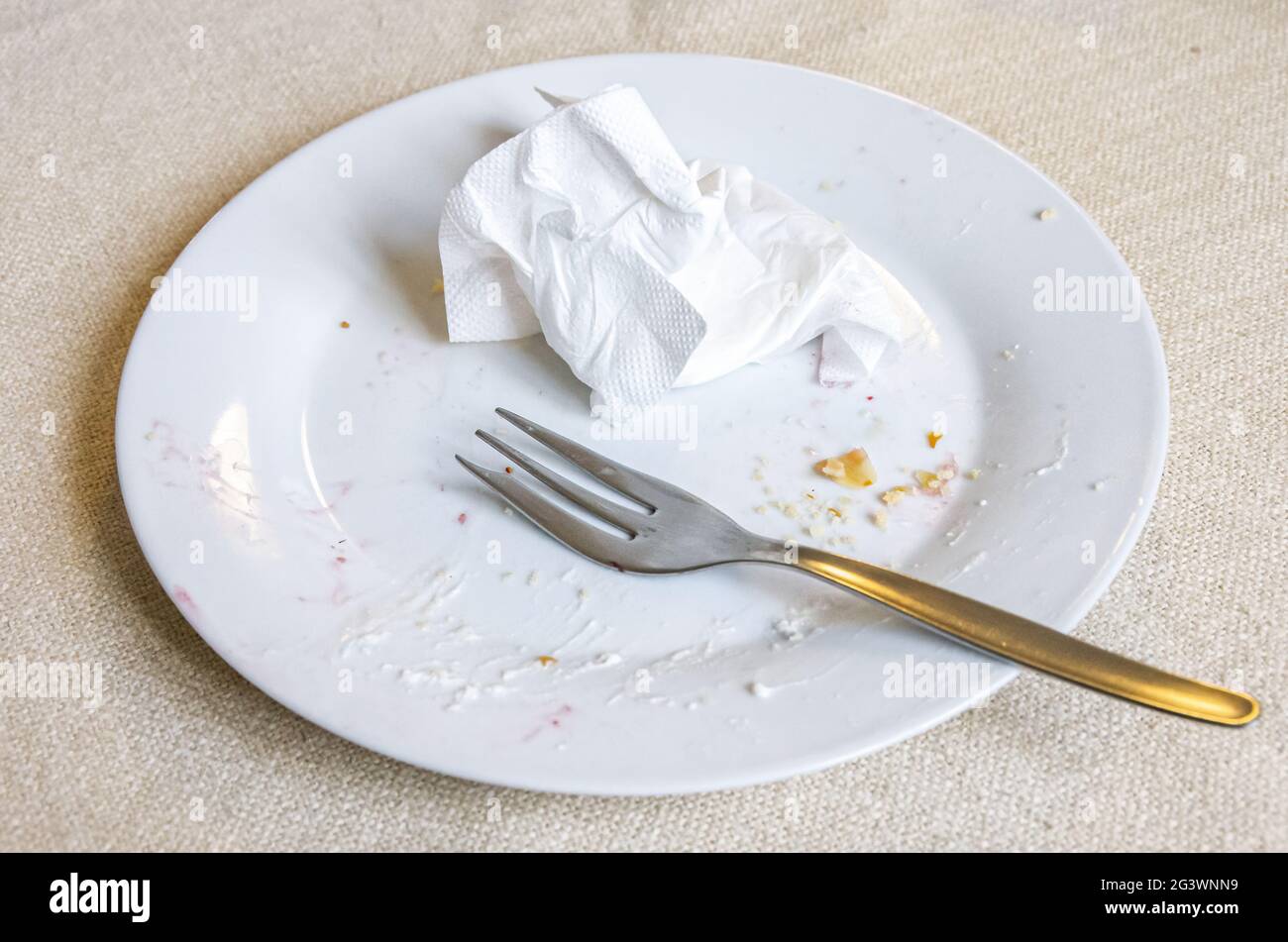 Empty plate with cake fork and crumpled napkin Stock Photo - Alamy