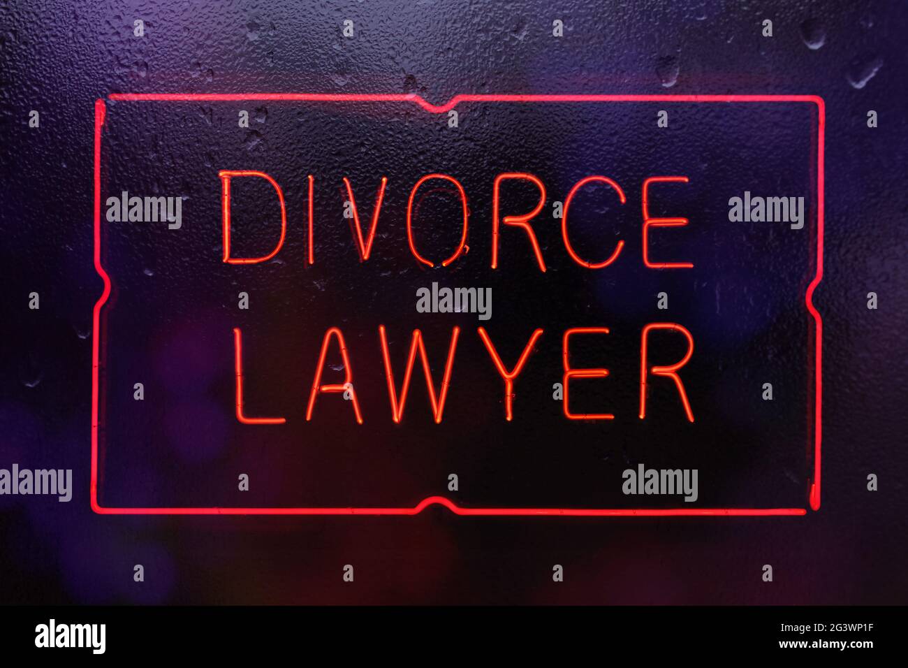 Neon Divorce Lawyer Sign in Rainy Window Stock Photo - Alamy