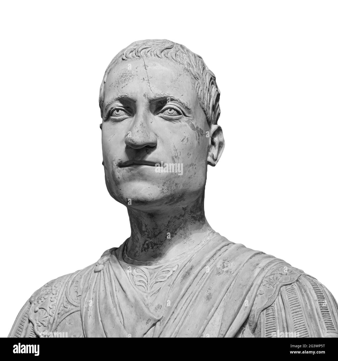 Head detail of the ancient man sculpture. Stone face isolated on white ...