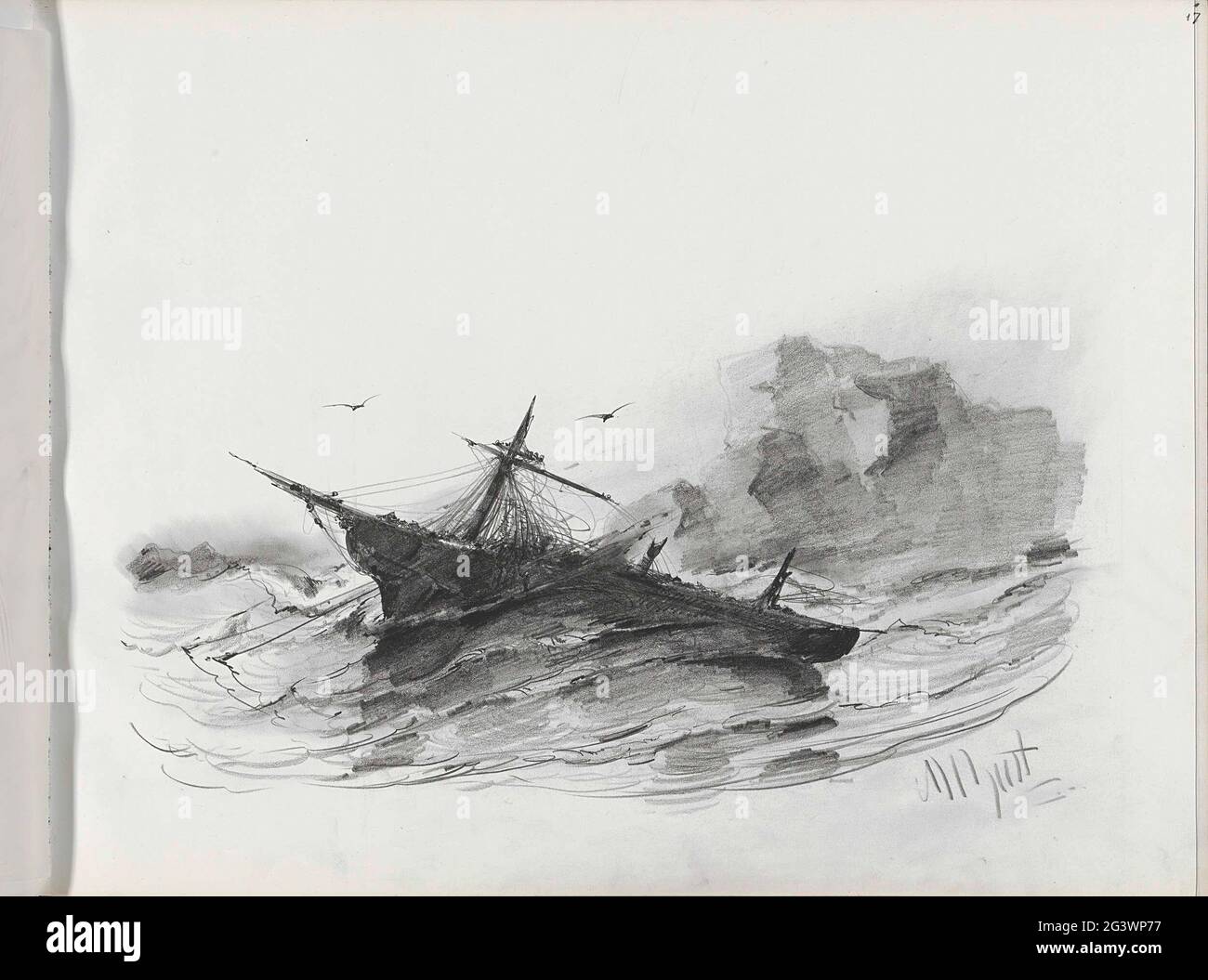 Shipwreck. Turbulent sea with a sailing ship whose three masts have ...