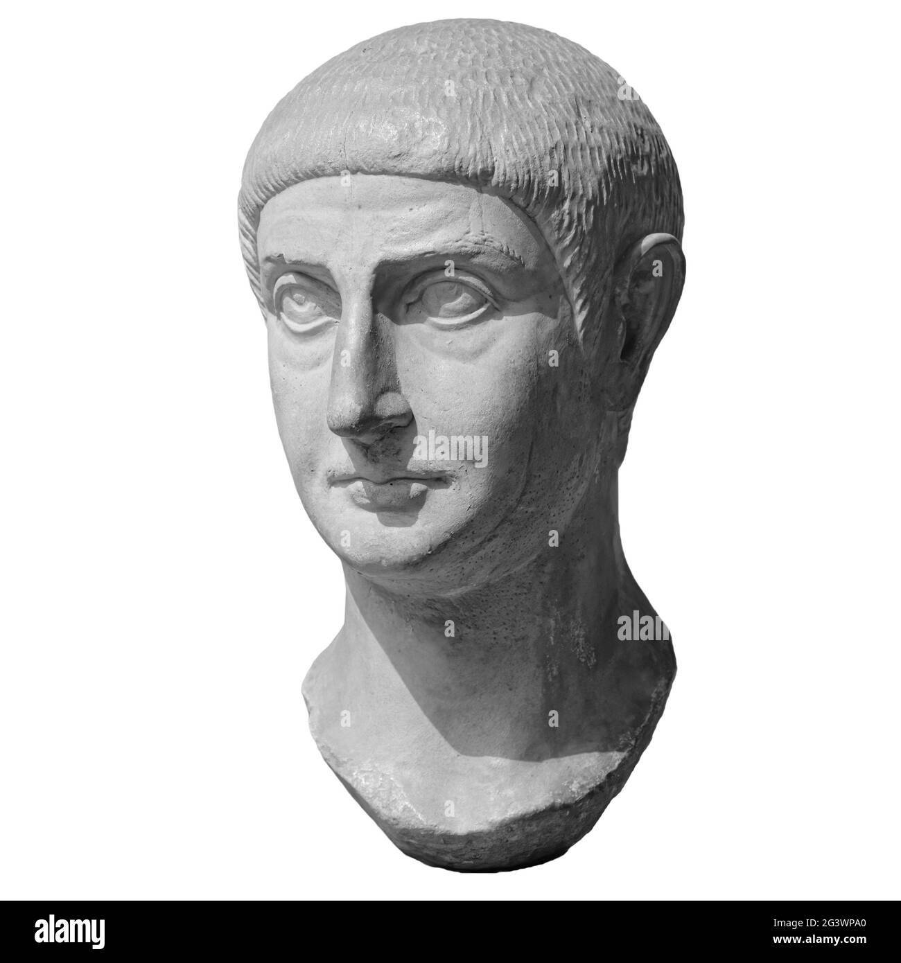 Head detail of the ancient man sculpture. Stone face isolated on white ...