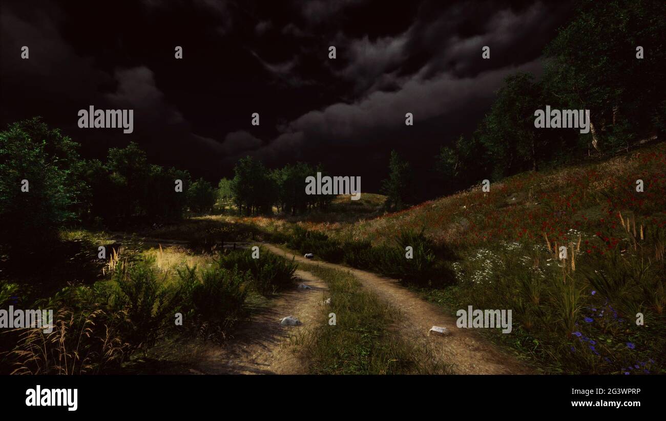 Thunderstorm clouds with lightning in green meadow Stock Photo - Alamy