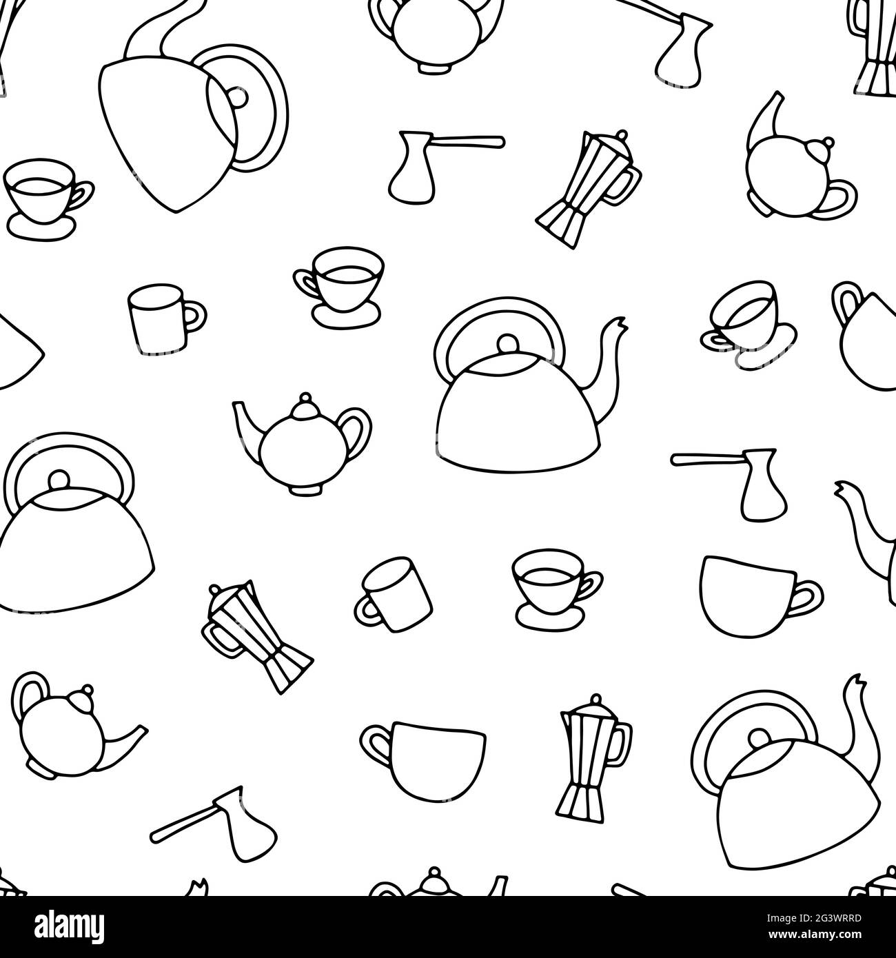 Seamless Doodle hand drawn teapot pattern. Outline Kettle, cup, moka ...
