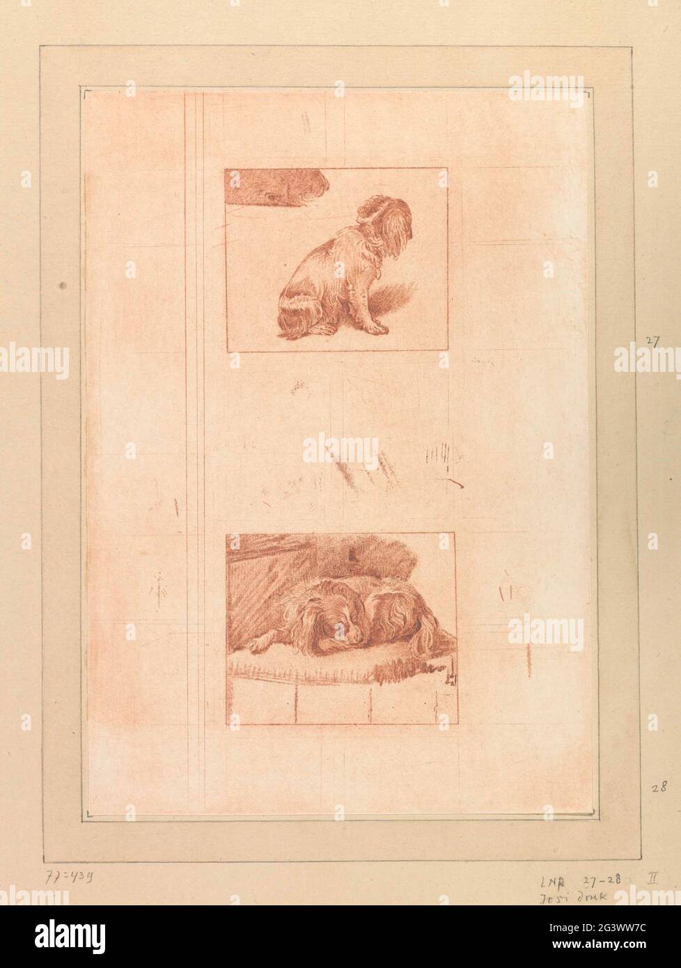Seated and lying dog. Two performances on a leaf. Above a seated dog ...