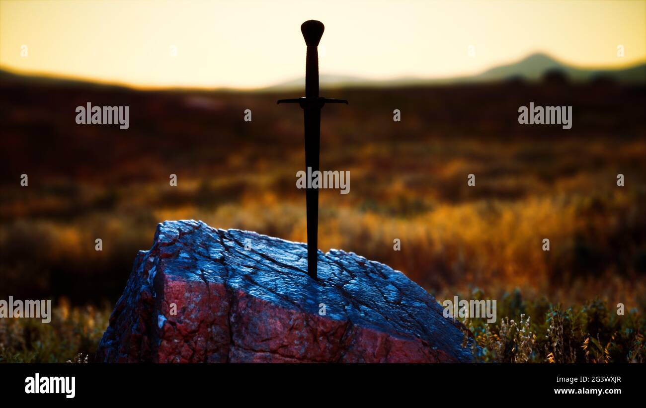 Famous sword excalibur of King Arthur in the rock Stock Photo - Alamy