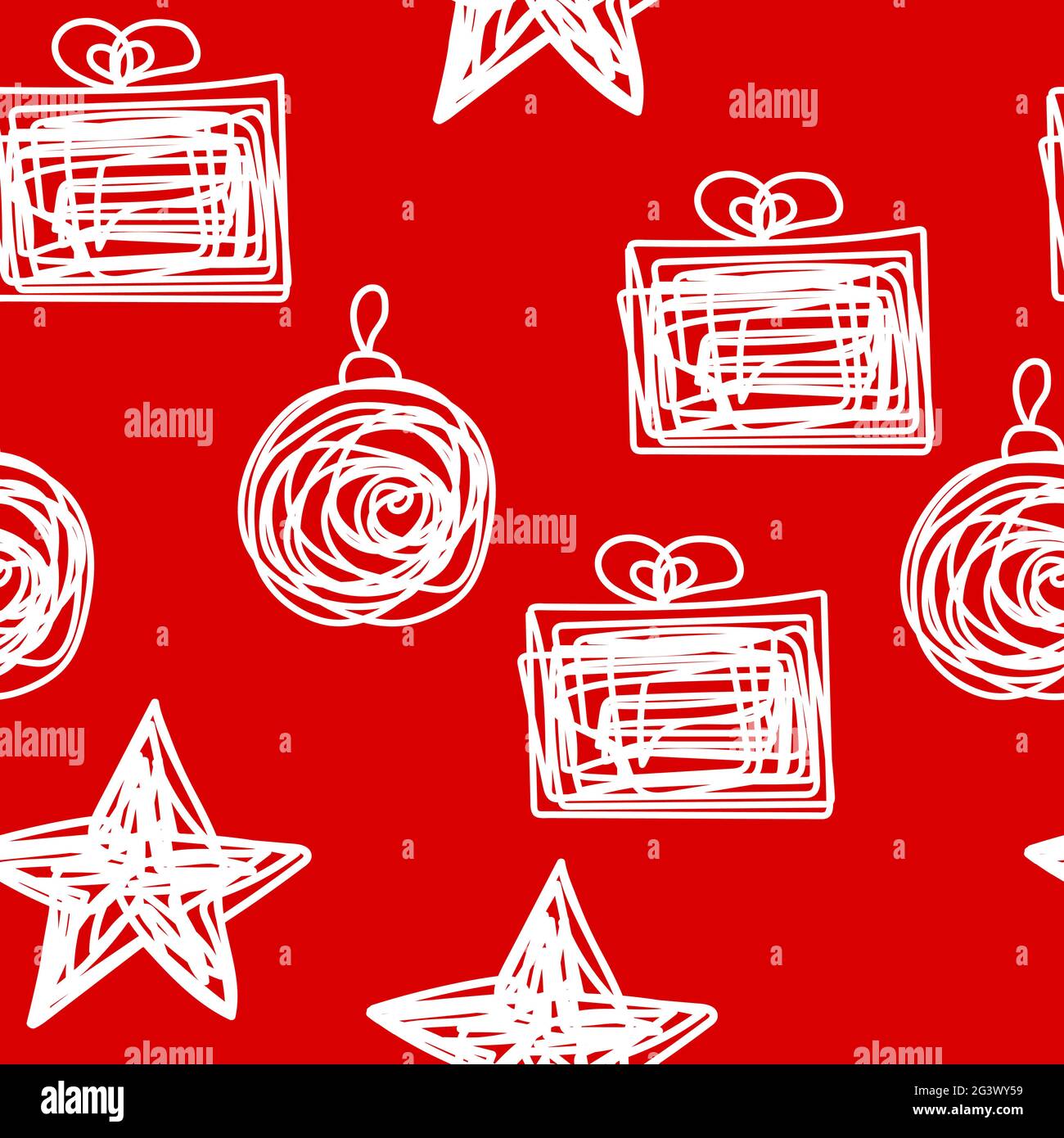 White Christmas balls and gifts seamless pattern on red background. New ...