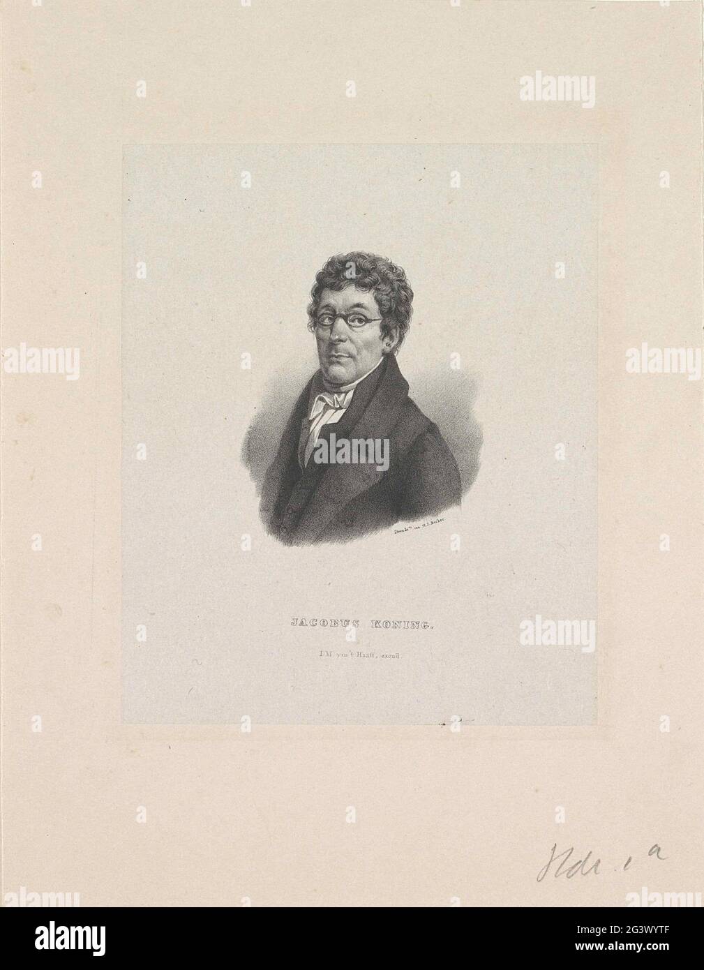 Portrait of Jacobus Koning. Portressed carries glasses. His name under ...