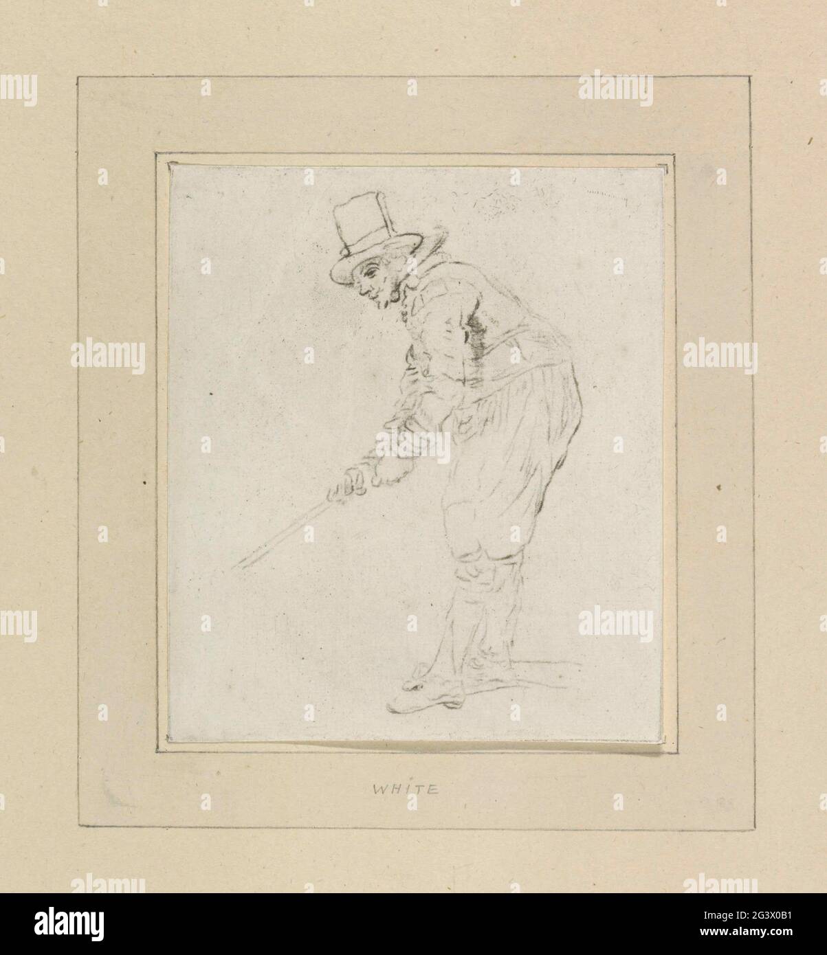 Kolf player. A man with a top hat is curved over a kolf stick in his ...