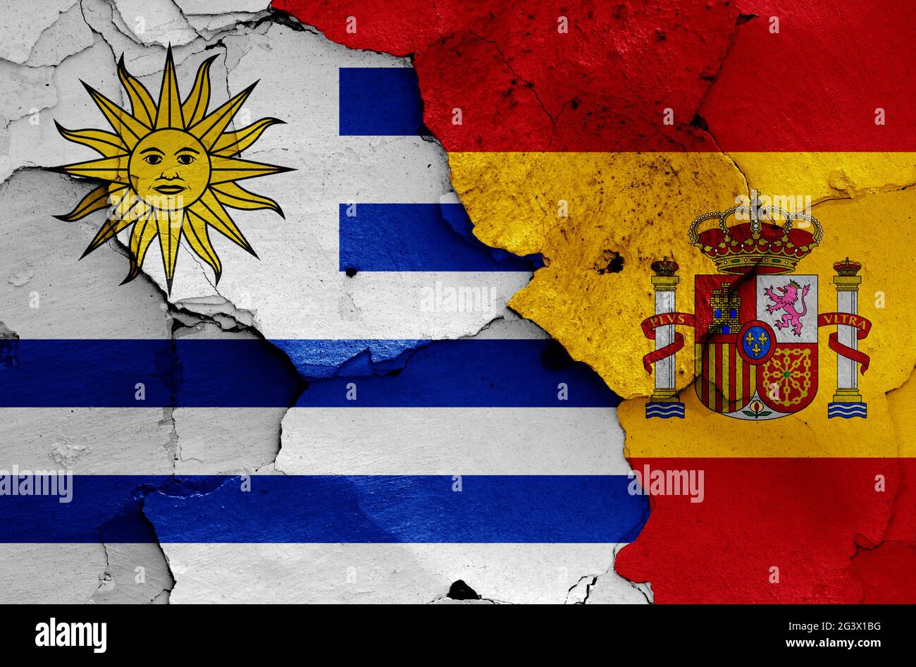 Flags of Uruguay and Spain painted on cracked wall Stock Photo - Alamy