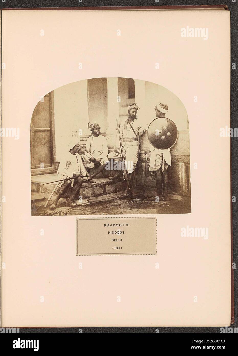 Four Rajputs with weapons and a shield in Delhi; Rajpoots. HINDOOS ...