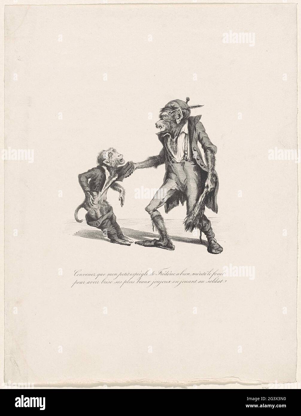 Two monkeys, 1830. Cartoon with King Willem I as an adult monkey that ...