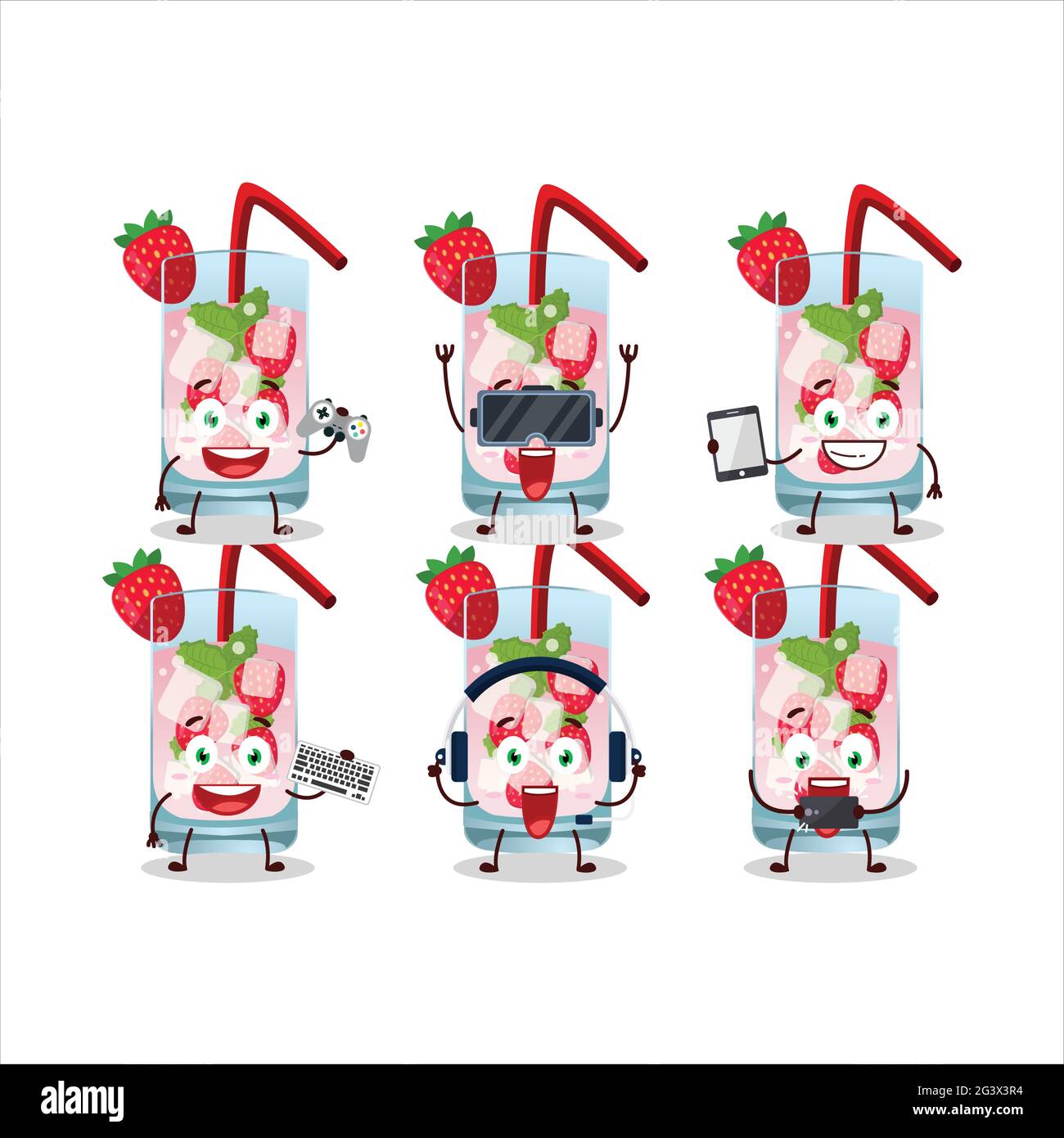Strawberry mojito cartoon character are playing games with various cute ...
