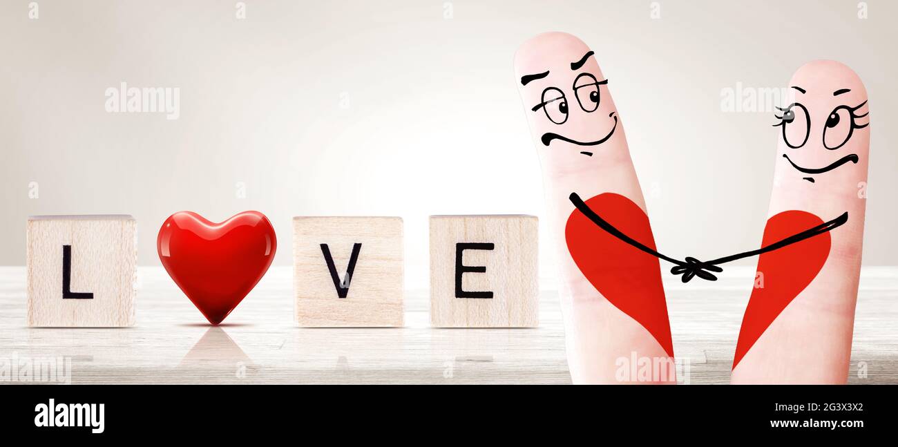 Happy finger couple in love celebrating Valentine day. 3d illustration ...