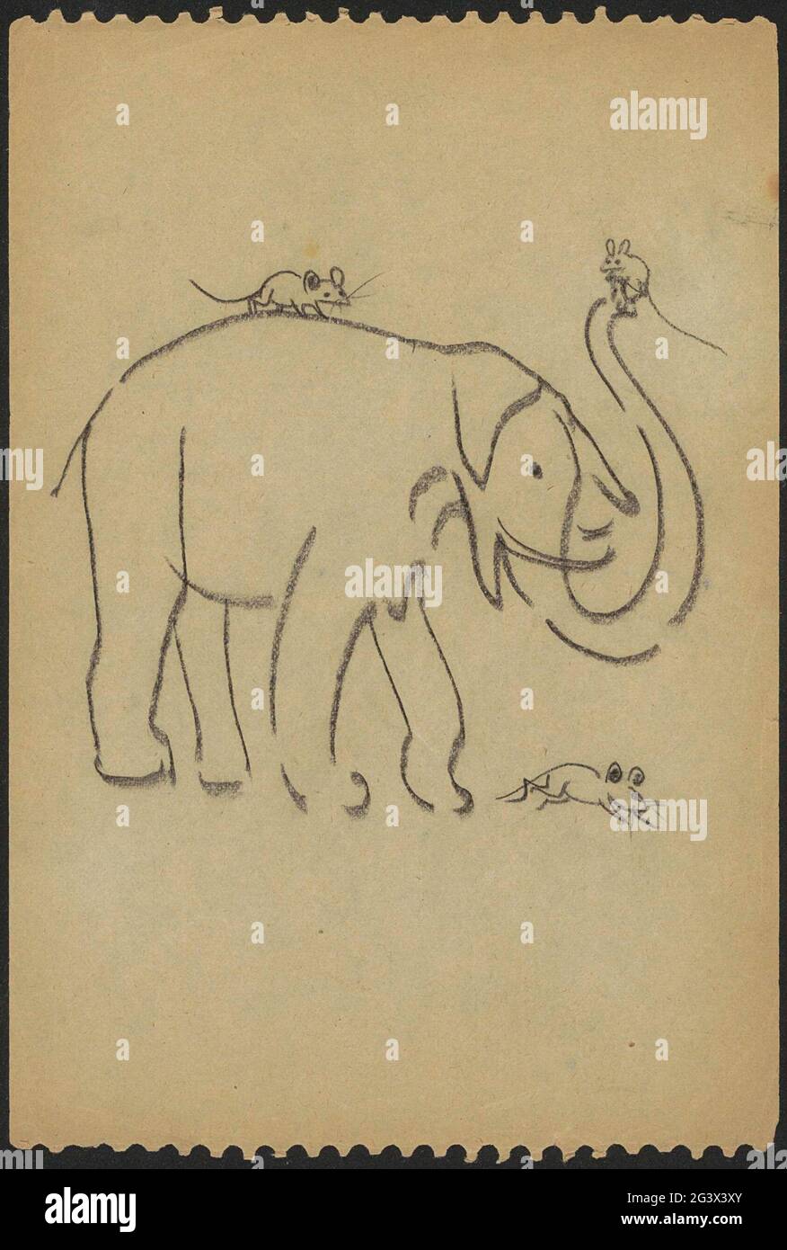 Elephant with mice on the back and slurf. A third mouse is running in ...