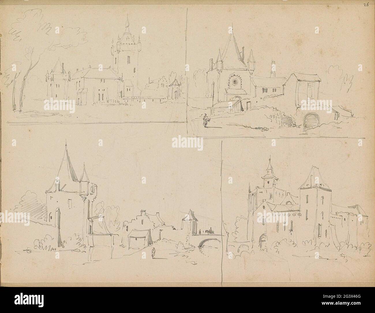 Study sheet with buildings. Study magazine with buildings with towers ...