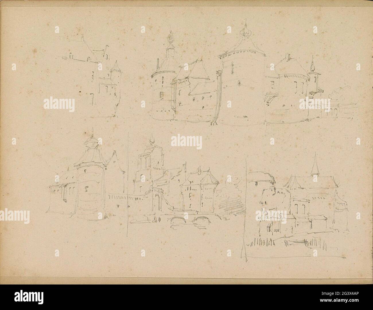 Study sheet with buildings and a cityscape. Faces on fortified ...