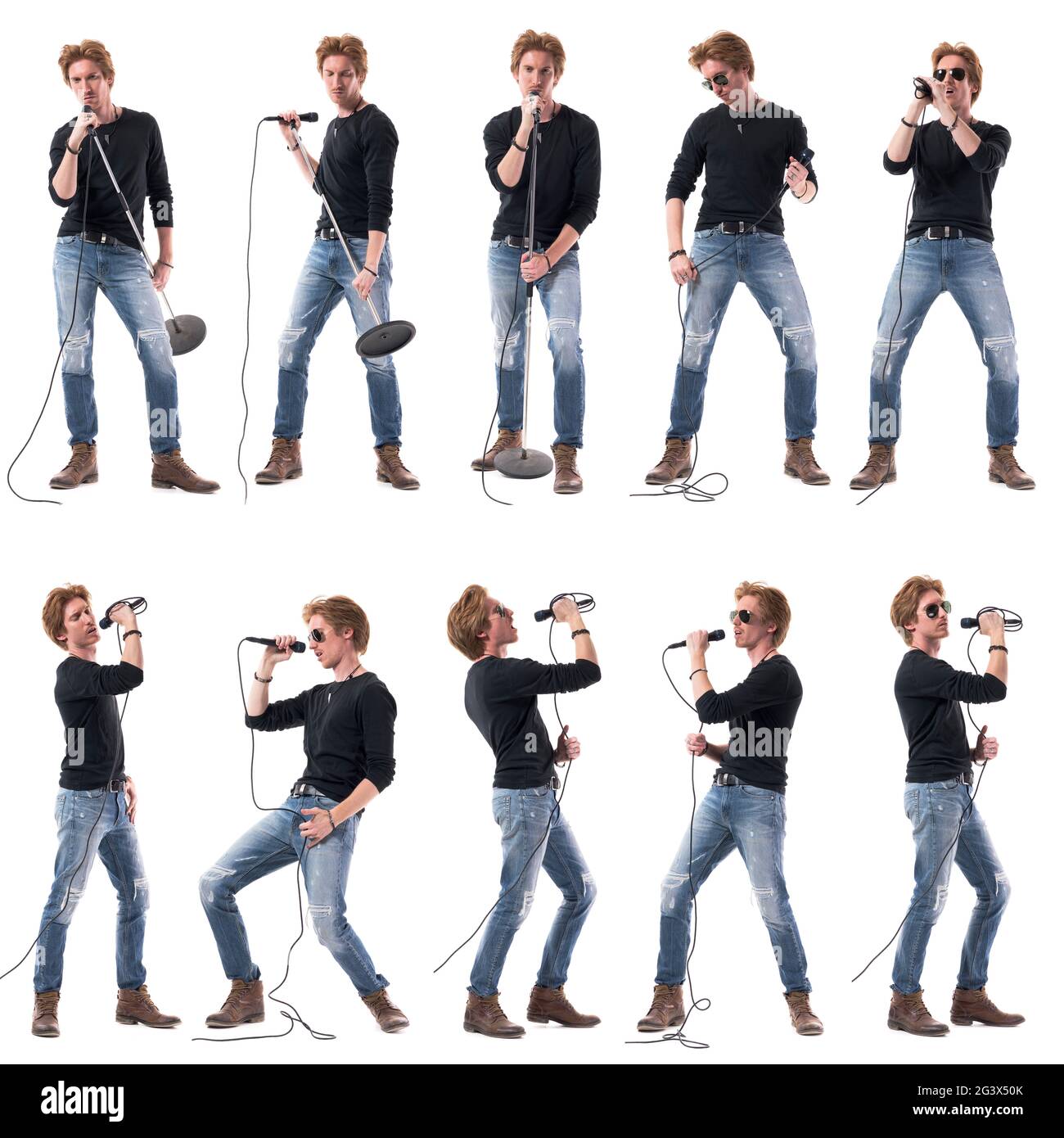 Set of rock music singer various singing on microphone having concert ...