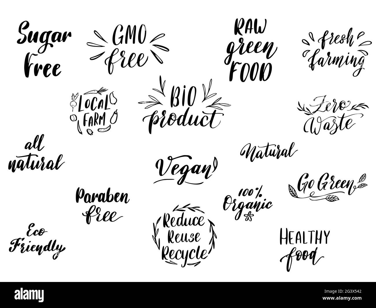 Healthy Organic Food Hand drawn Lettering. Eco Vegan Label or Badge ...
