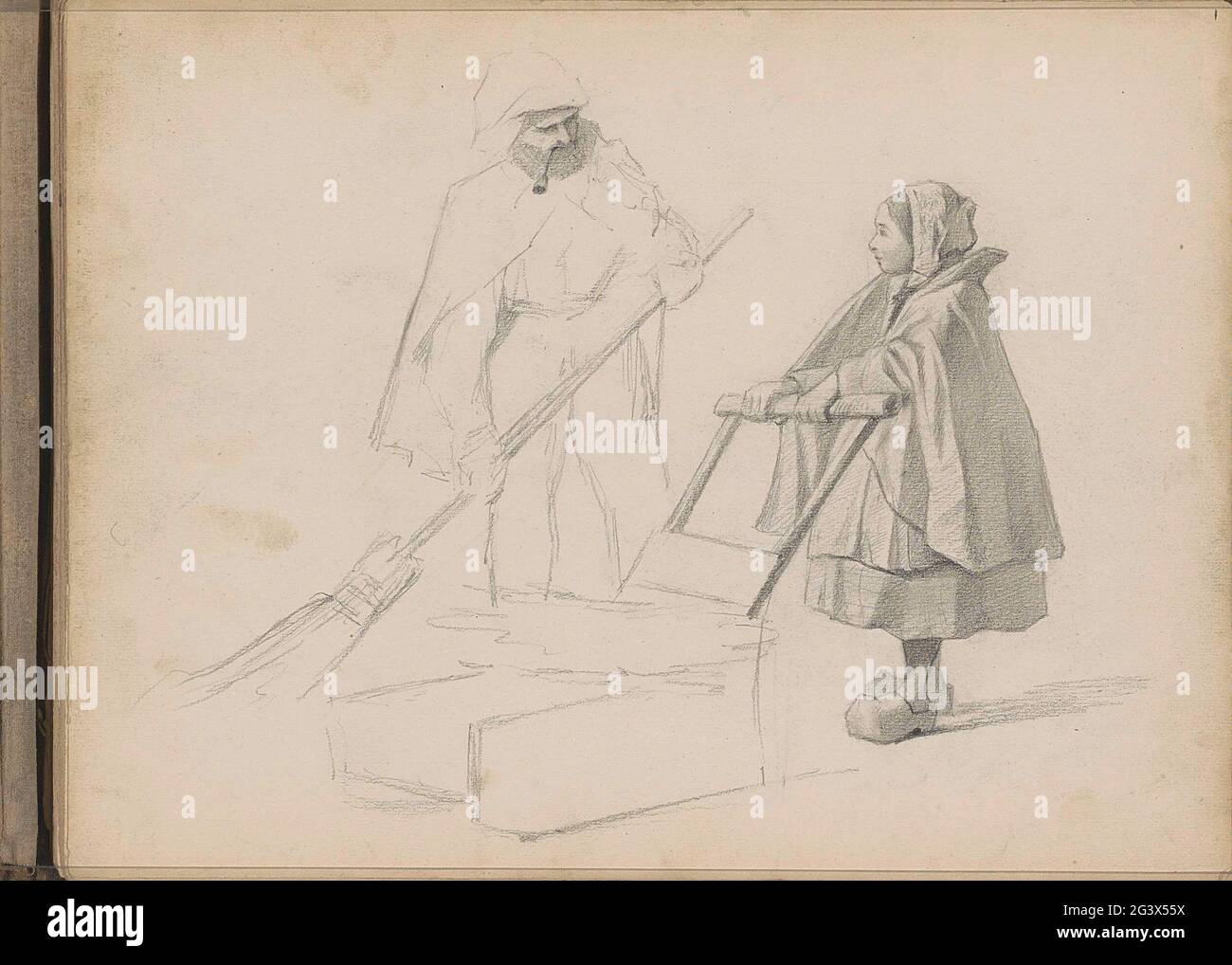 Man with a pipe and broom and a girl with sled. Leaf 1 Recto from a ...