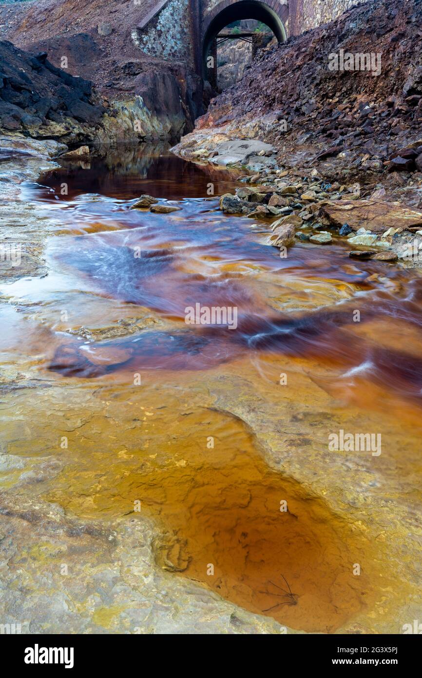 Top down view of the Rio Tinto riverbed in the old mines with colorful ...