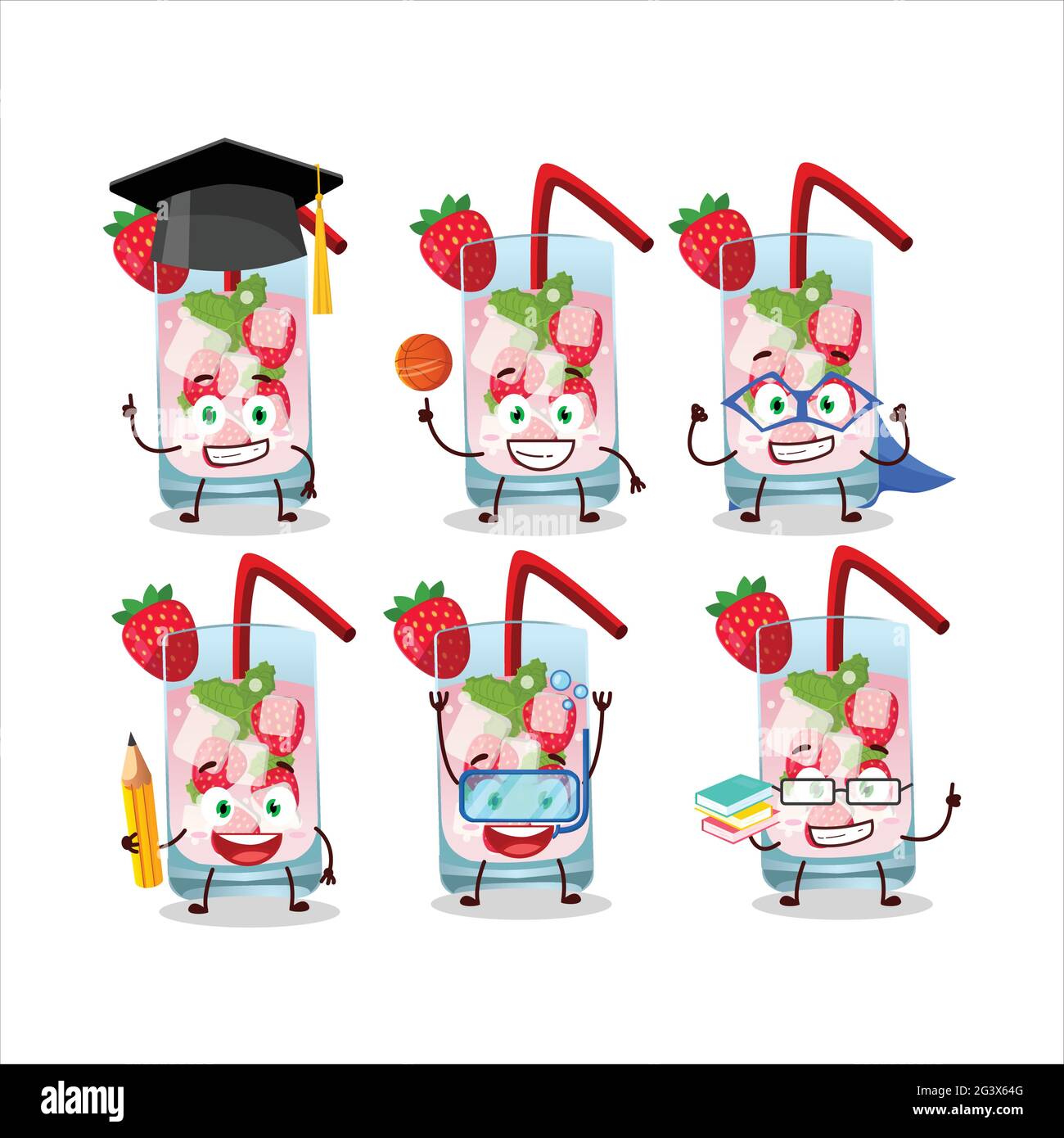 School student of strawberry mojito cartoon character with various ...