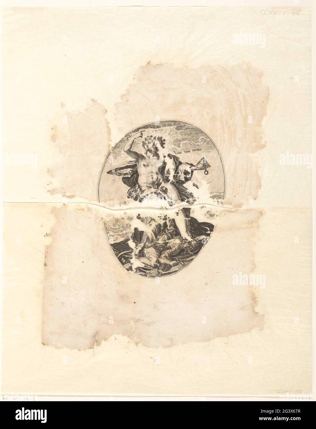 Virtue overcomes the war. Allegory of a virtue with star wreath sitting ...