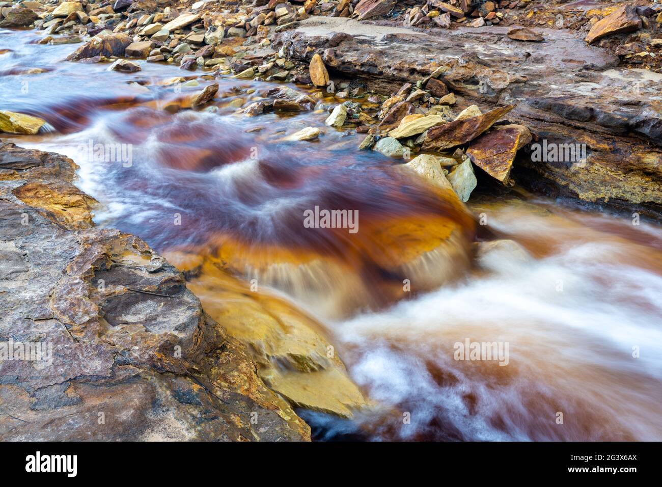 Top down view of the Rio Tinto riverbed in the old mines with colorful ...