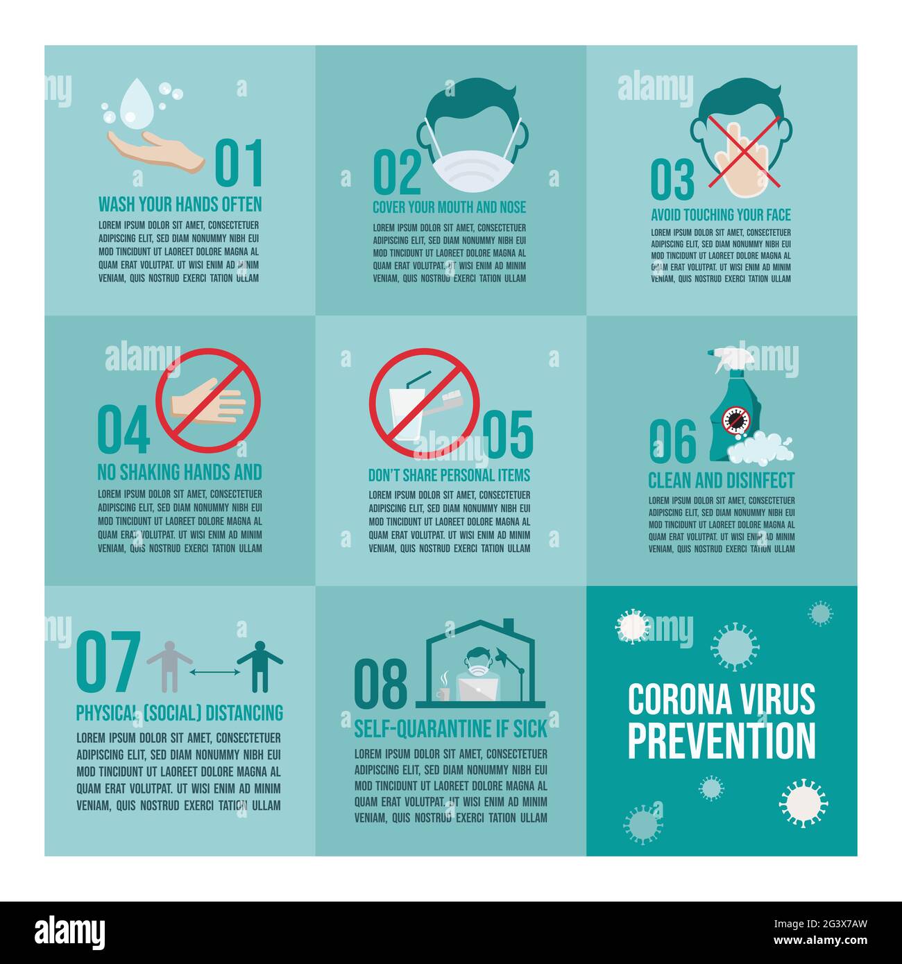 Covid-19 prevention infographic. Coronavirus flat icons set ...