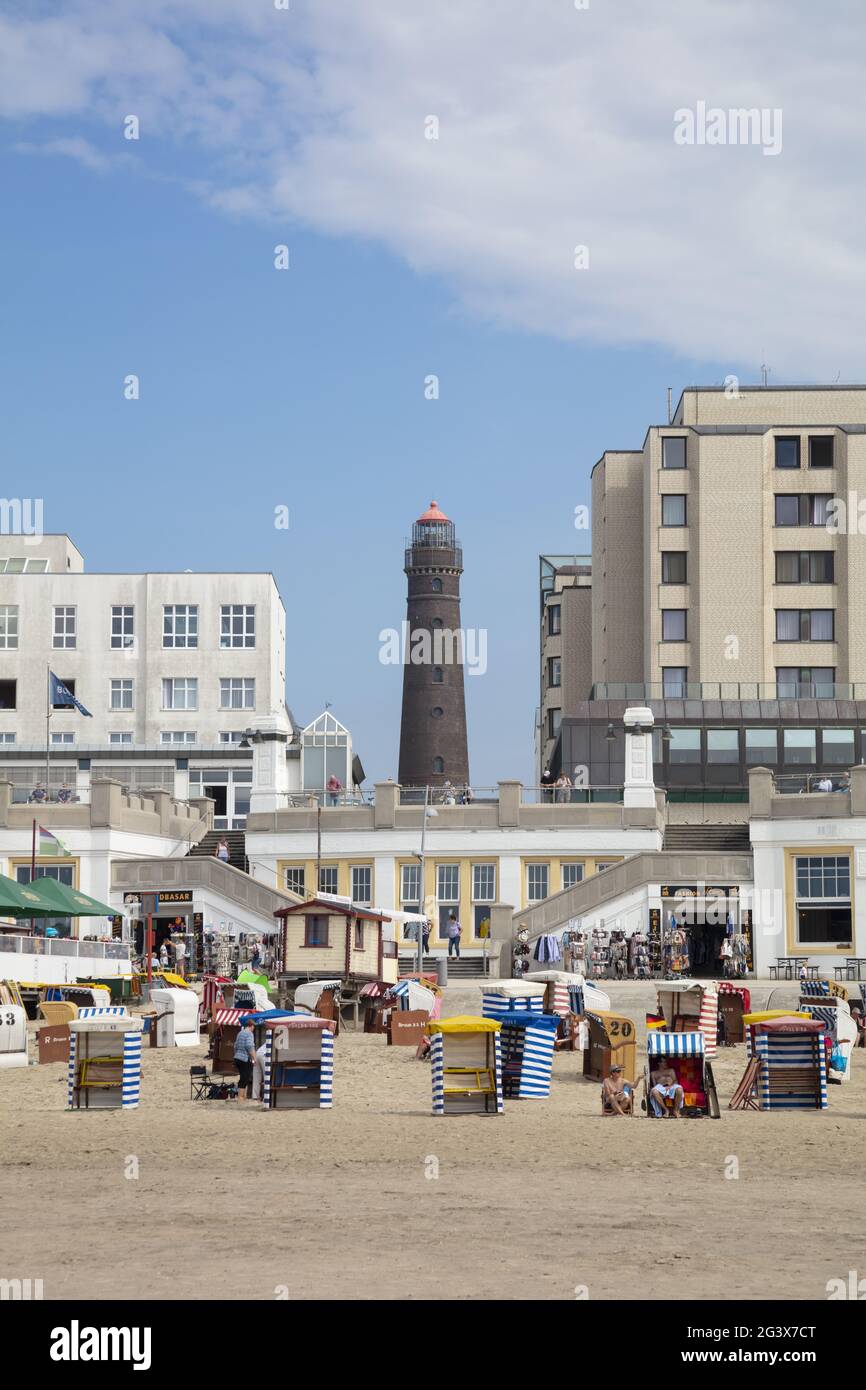 Main beach and lighthouse at Borkum island Stock Photo - Alamy