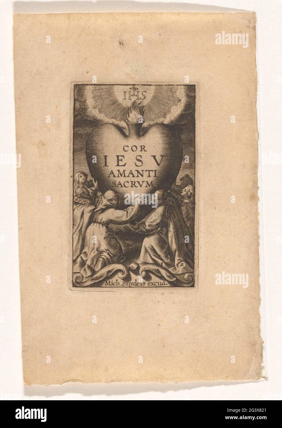 Flaming heart worn by five people; Cor Iesu Amanti Sacrum. Flaming ...