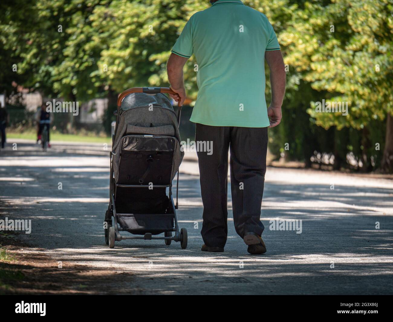 Elderly Grandfather Man Walking at Public Park dragging Stroller with ...