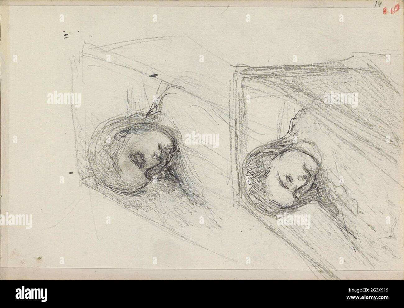 Girl lying with bent head, presumably in a coffin. The girl has closed ...