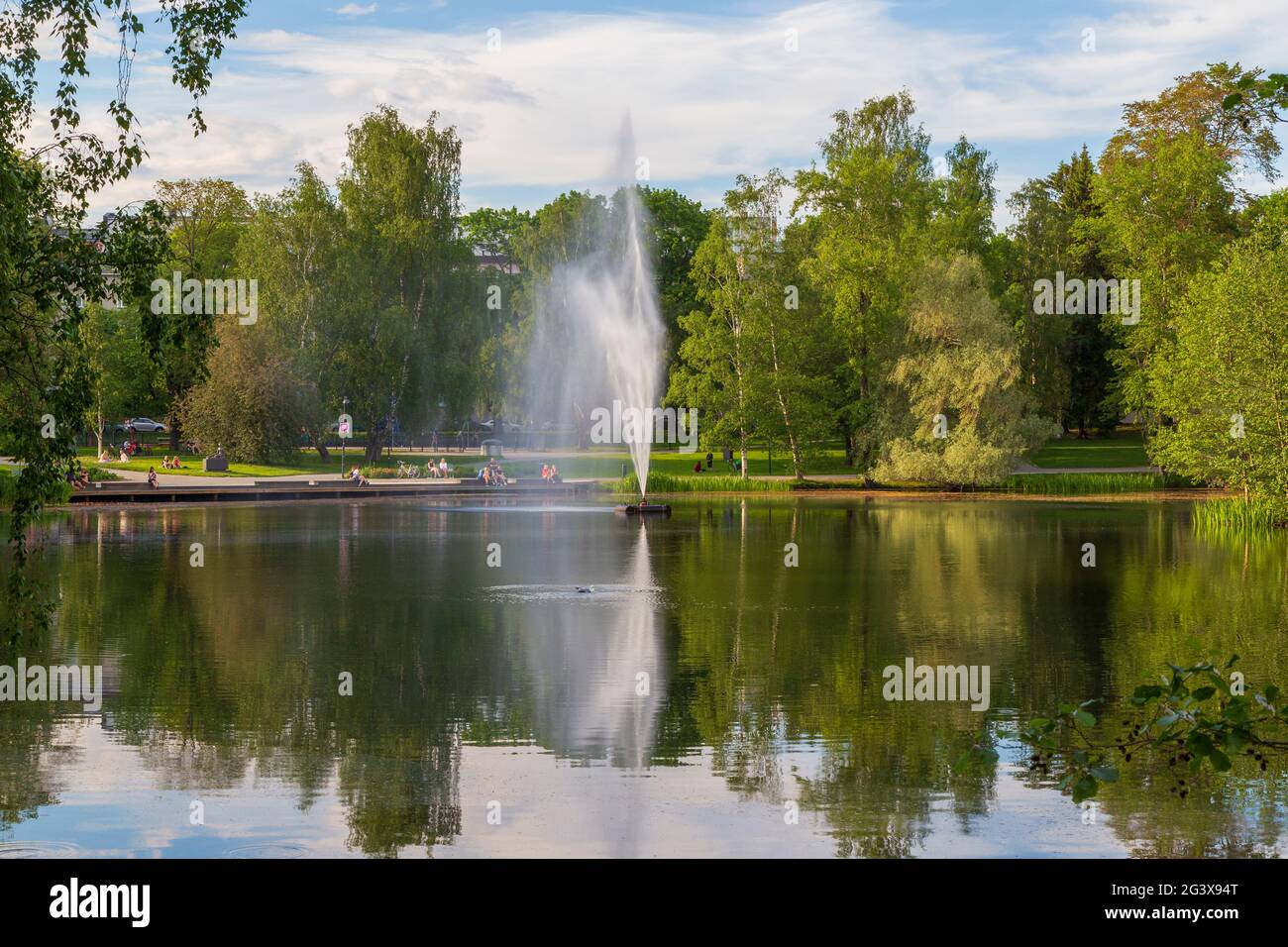 Fountain, pond and lush trees at the popular Sorsapuisto public park in ...