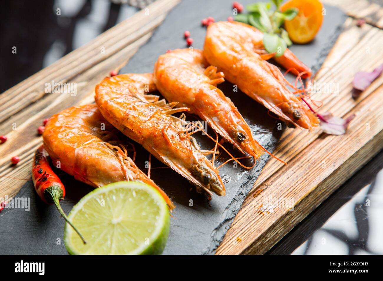 Seafood: large boiled prawns with sauce. Baked mussels with lemon and ...
