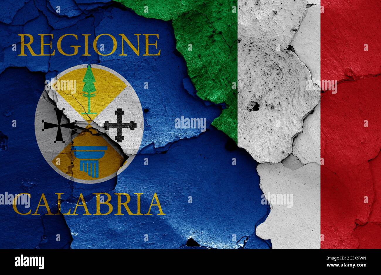 Flags of Calabria and Italy painted on cracked wall Stock Photo - Alamy